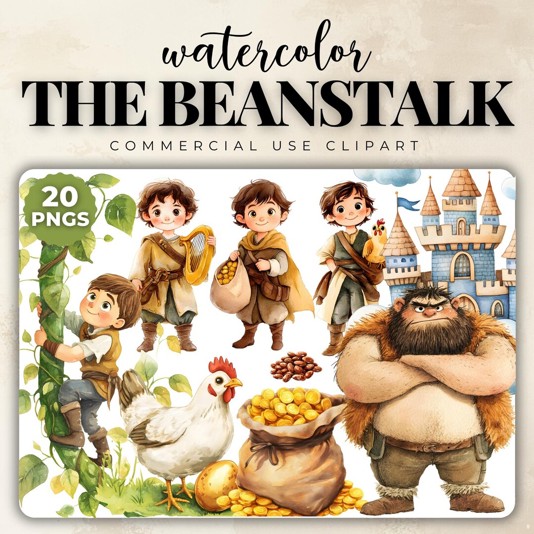 Jack and the Beanstalk Clipart: Watercolor Fairy Tale Graphics (PNG ...