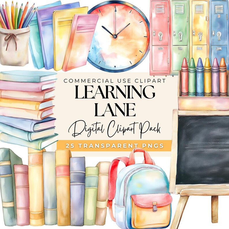 Back to School Clipart, Pastel Watercolor School Supplies, Cute Kids ...