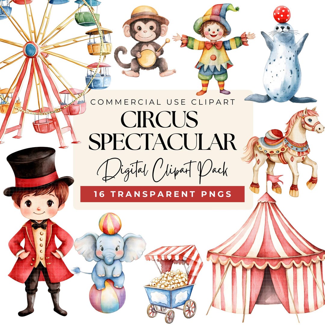 Circus Watercolor Clipart Pack, Circus Animals, Baby Shower ...