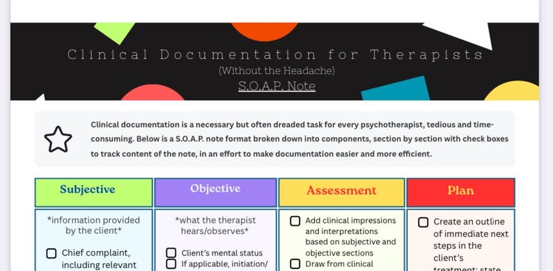 S.O.A.P. Subjective Objective Assessment Plan Note for Therapist ...