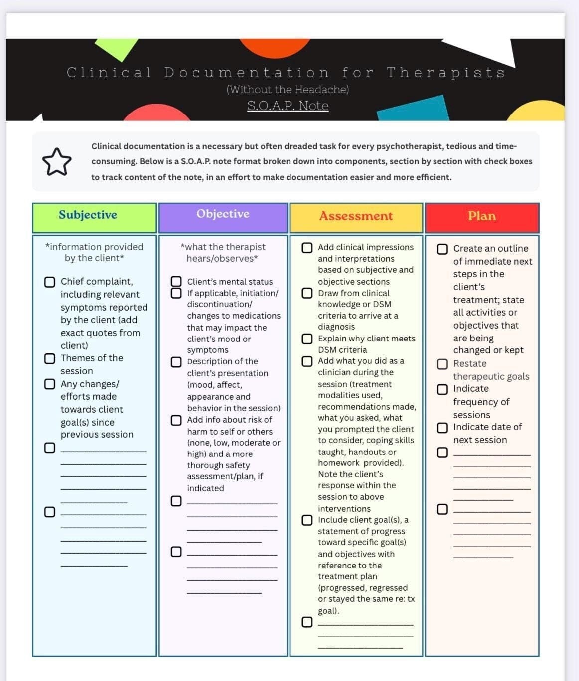 S.O.A.P. Subjective Objective Assessment Plan Note for Therapist ...