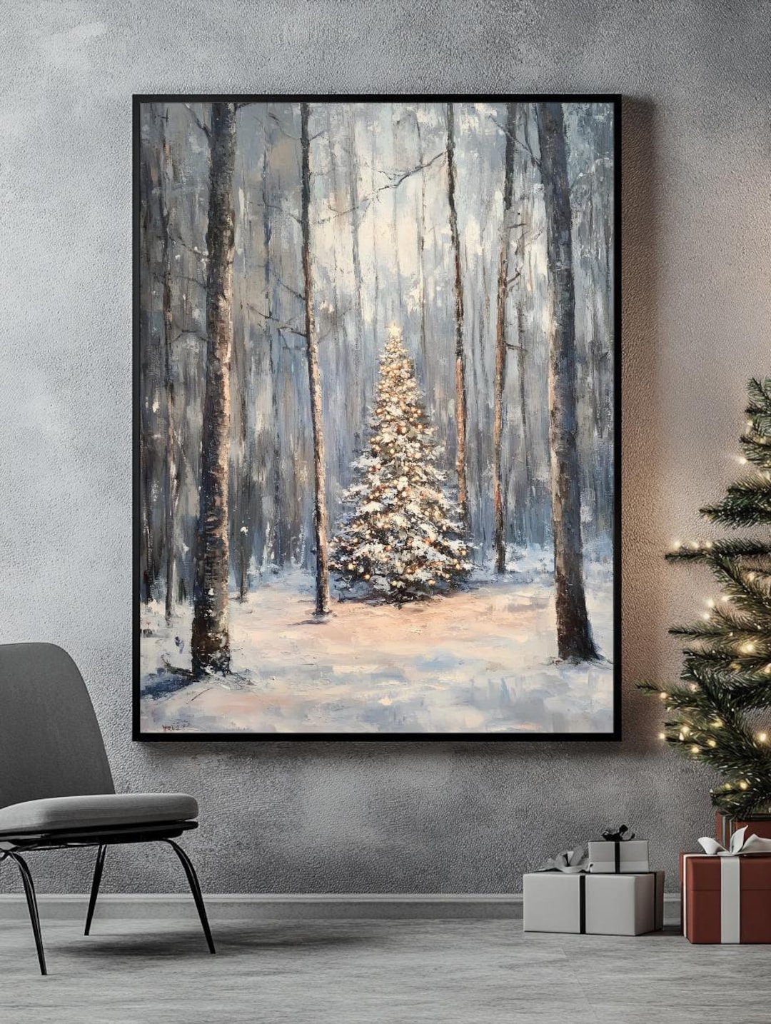 Christmas Tree in Snowy Forest Art Winter Wonderland Wall Art Holiday ...