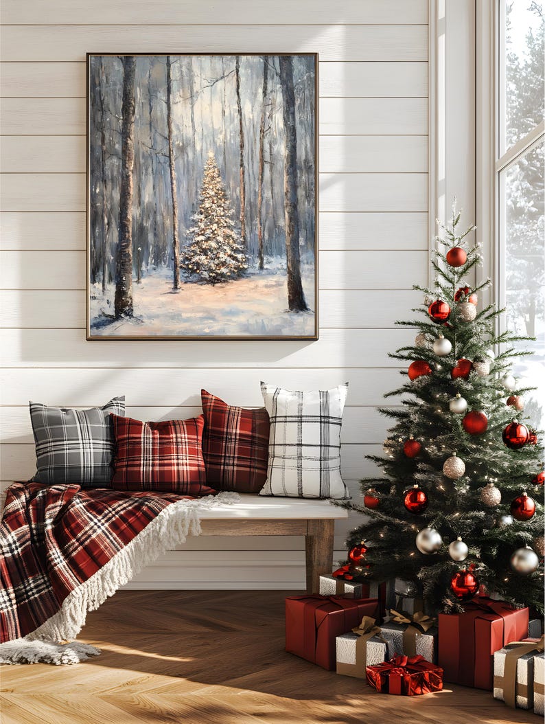 Christmas Tree in Snowy Forest Art Winter Wonderland Wall Art Holiday ...