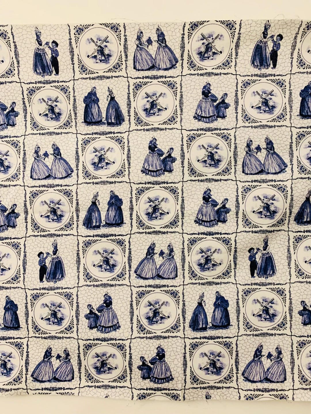 Delft Tiles Style 100% Cotton Fabric Dutch Windmills, Dutch Folk-art ...