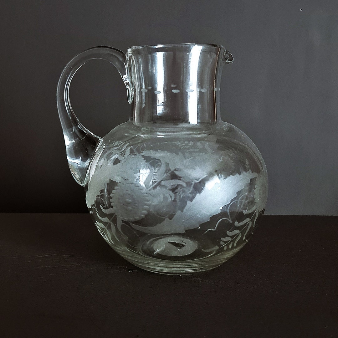 Antique Etched Glass Jug 19th C. Floral Pattern Water Pitcher Hand ...