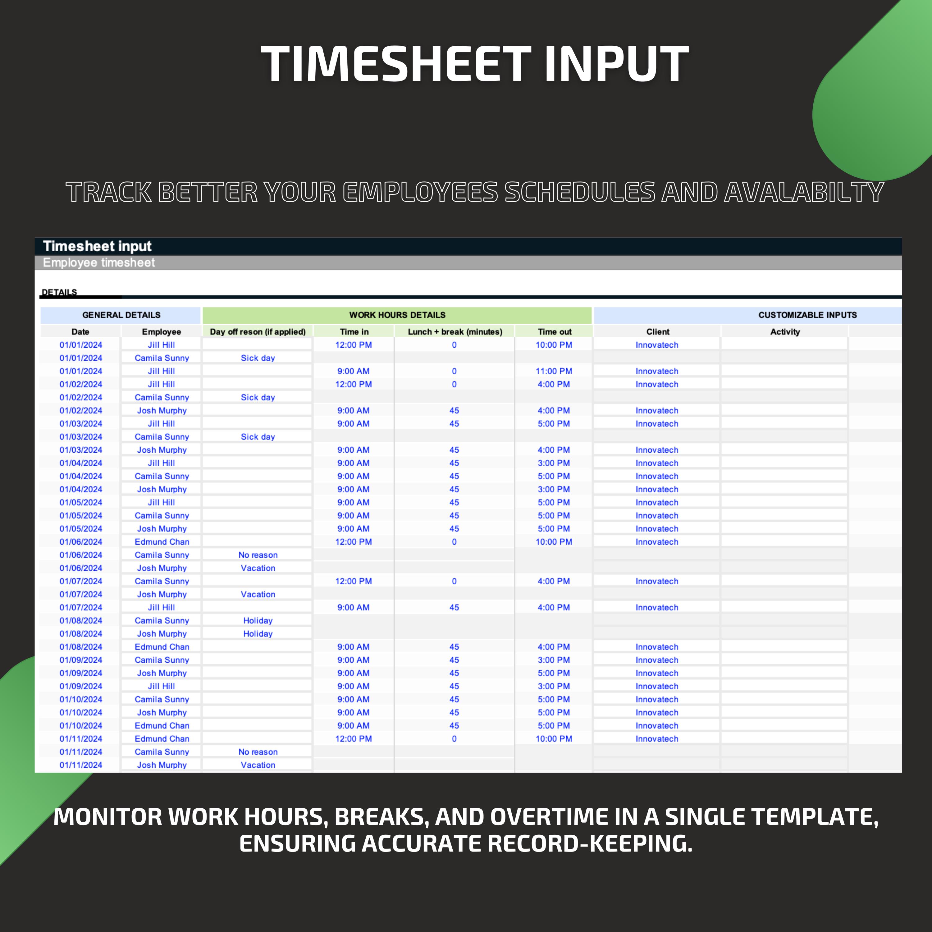 Timesheet Template Excel Template Google Sheets, Manage Work Hours ...
