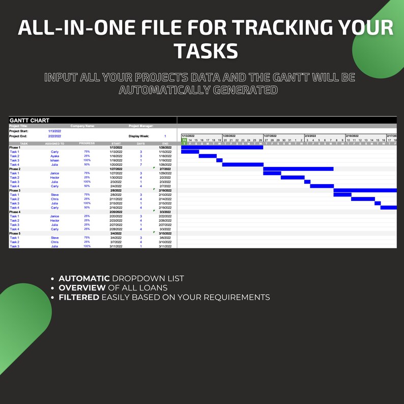 Plantilla de Excel de DIAGRAMA DE GANTT Ultimate, hoja de cálculo, programación, seguimiento de ...