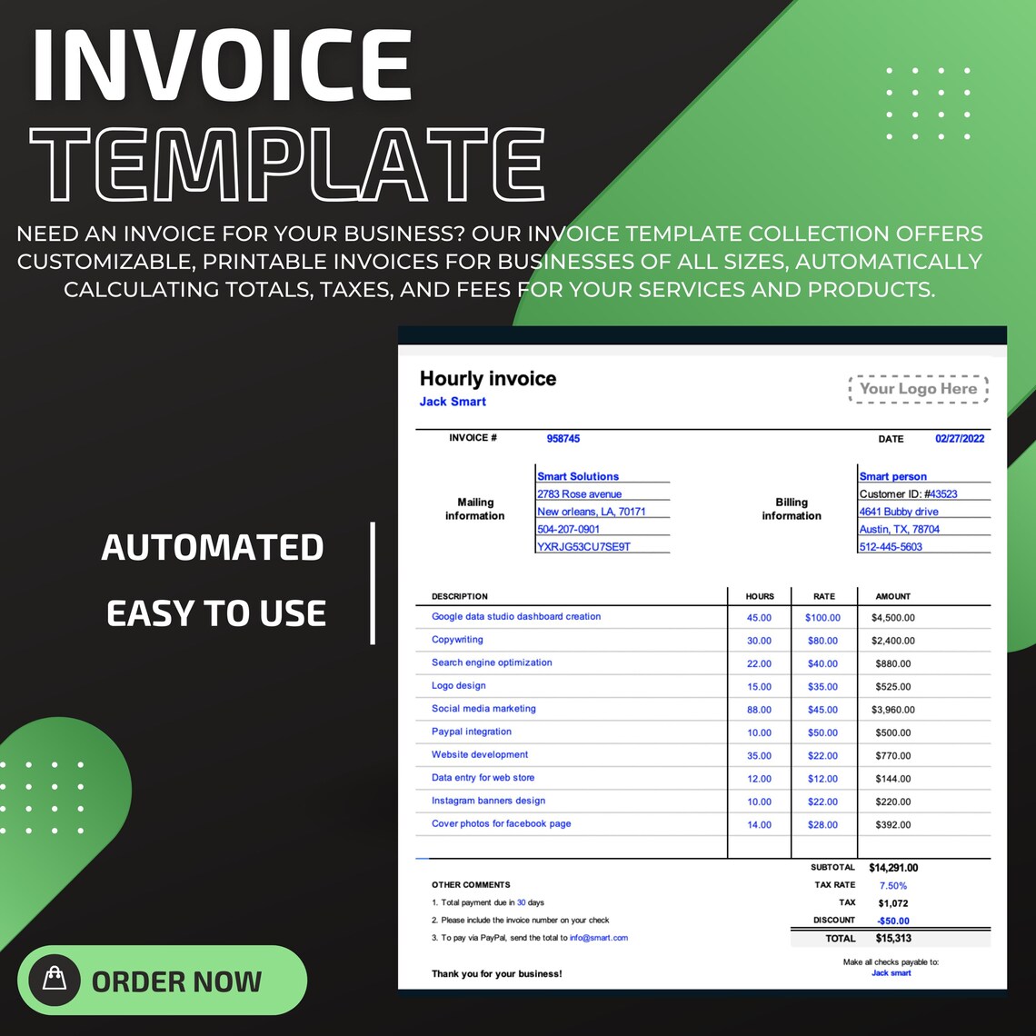 INVOICE TEMPLATES Excel Google Sheets Business Collection Customizable ...