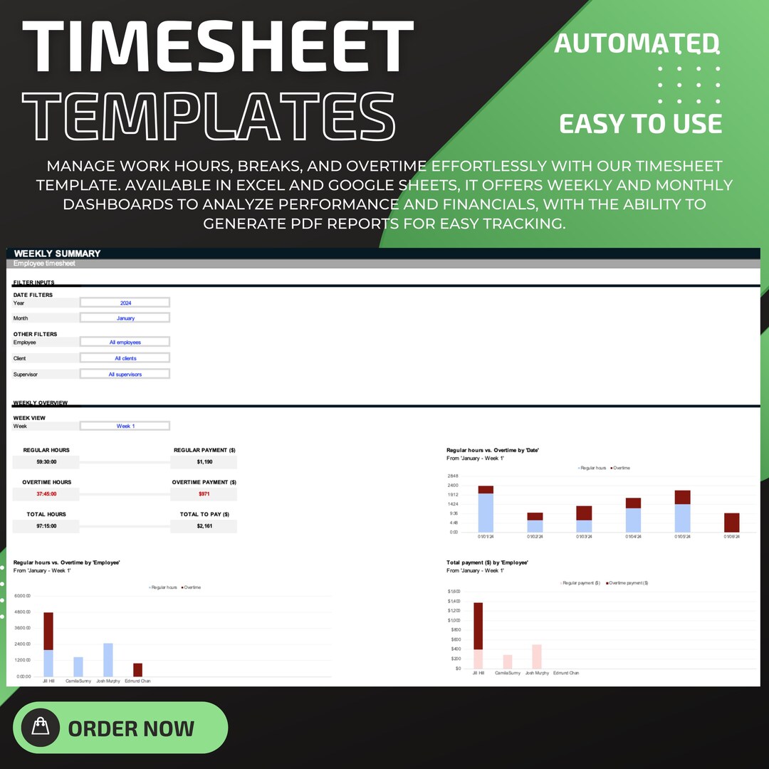 Timesheet Template Excel Template Google Sheets, Manage Work Hours ...