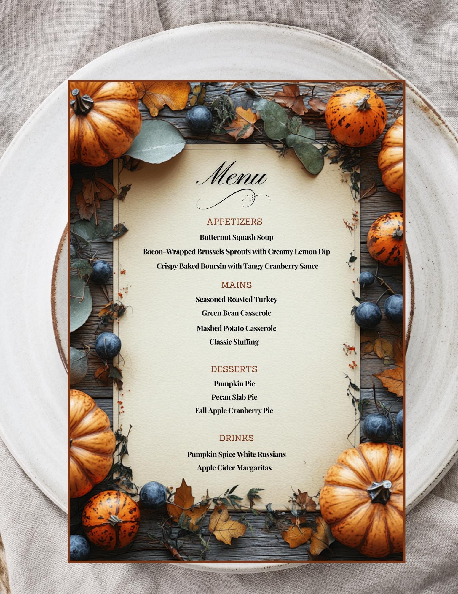Editable Fall Menu Template 8.5x11 | Customizable Thanksgiving Dinner ...