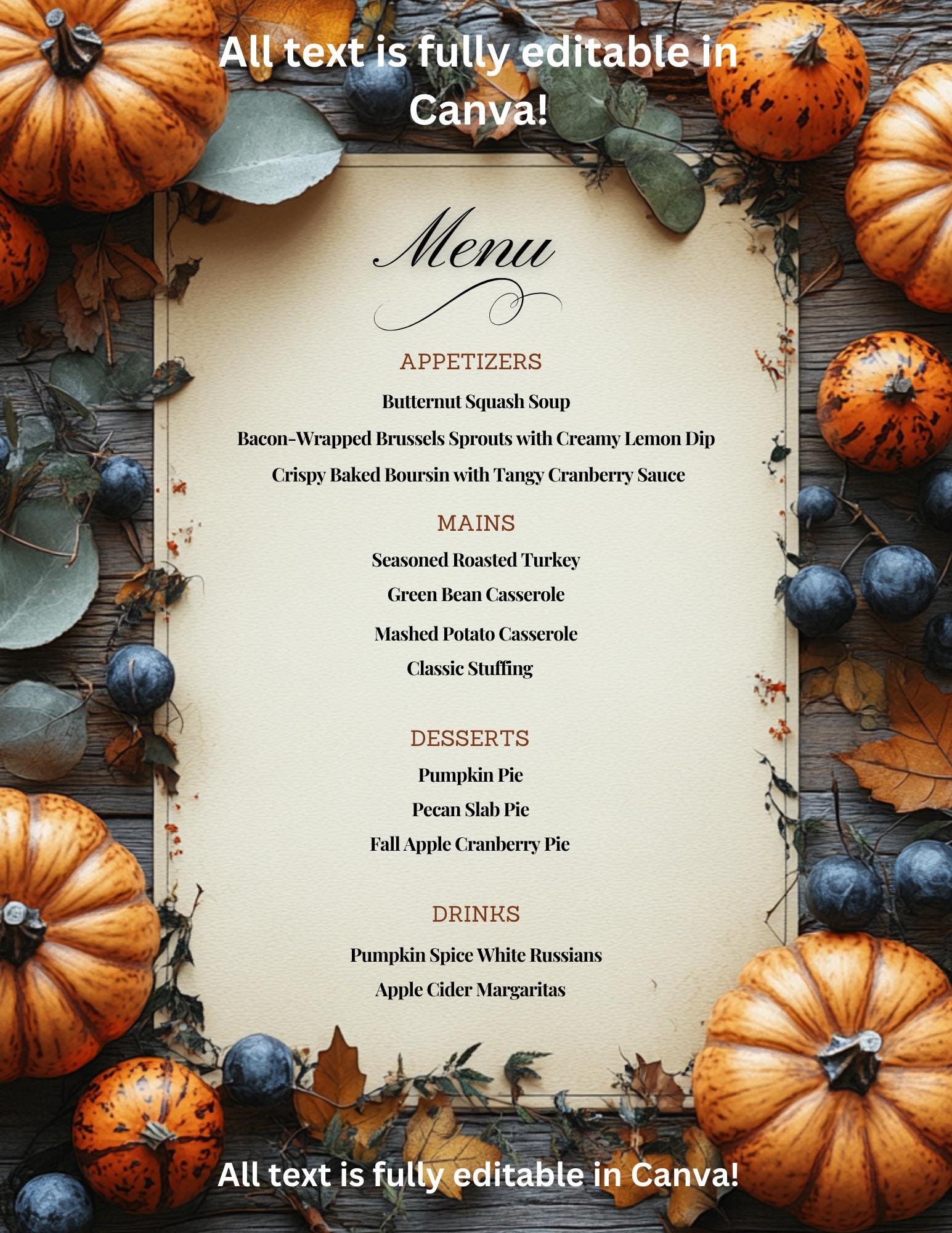 Editable Fall Menu Template 8.5x11 | Customizable Thanksgiving Dinner Menu | Autumn Event ...