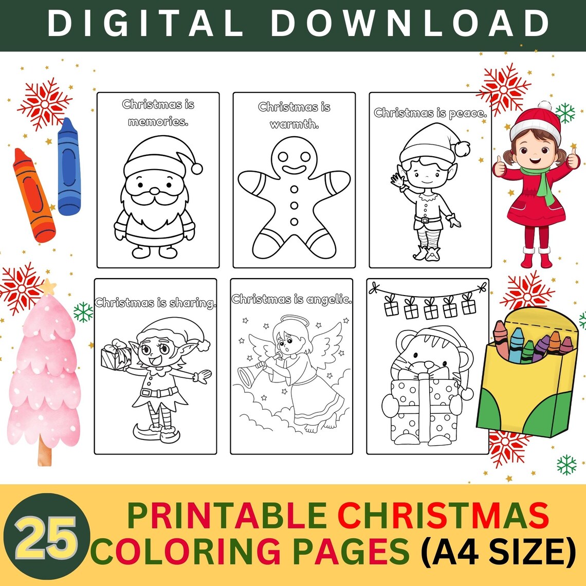25 Printable Christmas Coloring Pages for Kids, Christmas Fun Activity ...