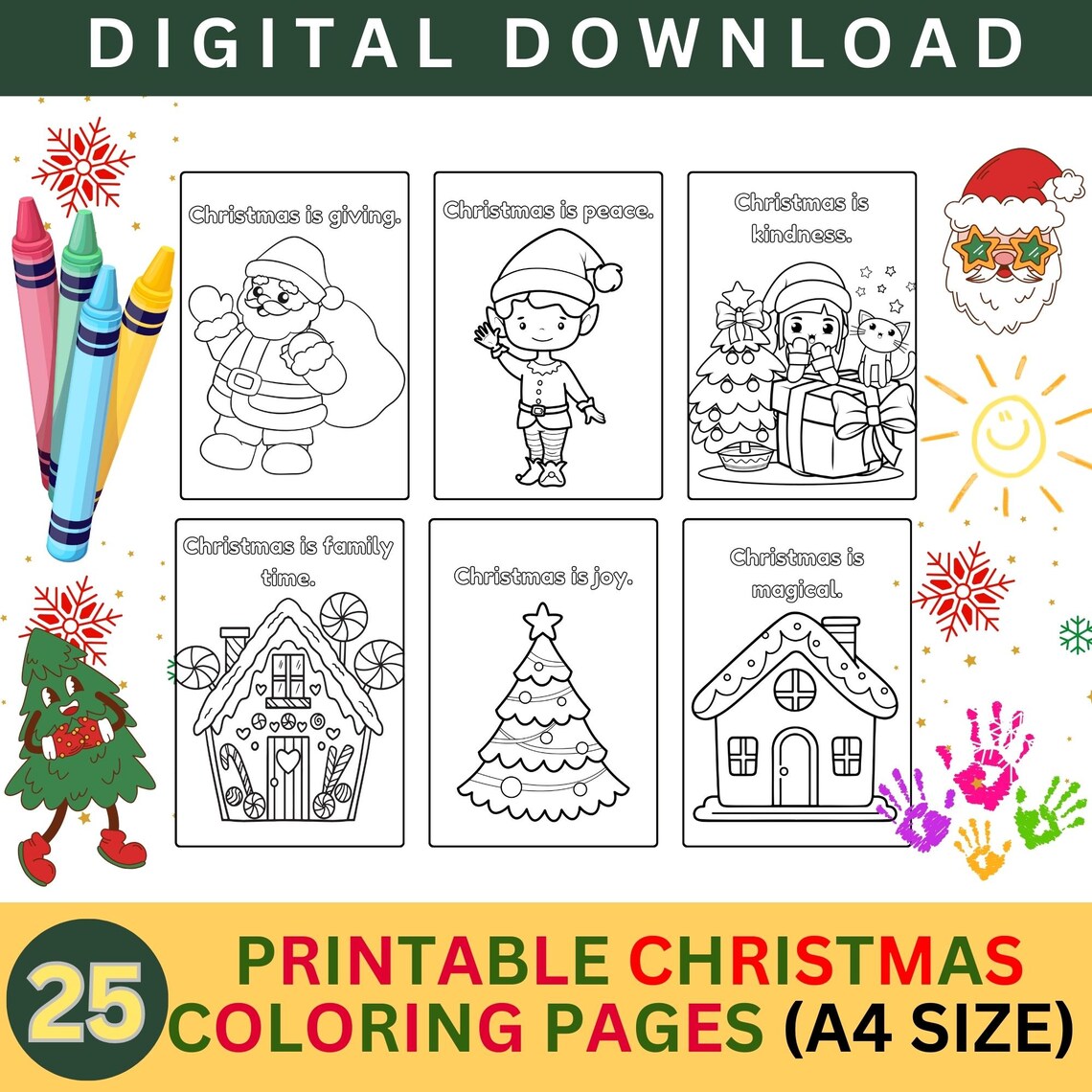 25 Printable Christmas Coloring Pages for Kids, Christmas Fun Activity ...