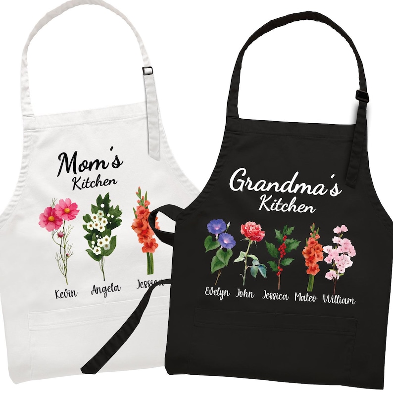 Customized Apron for Mom Grandma, Personalized Birthday Flower Apron ...