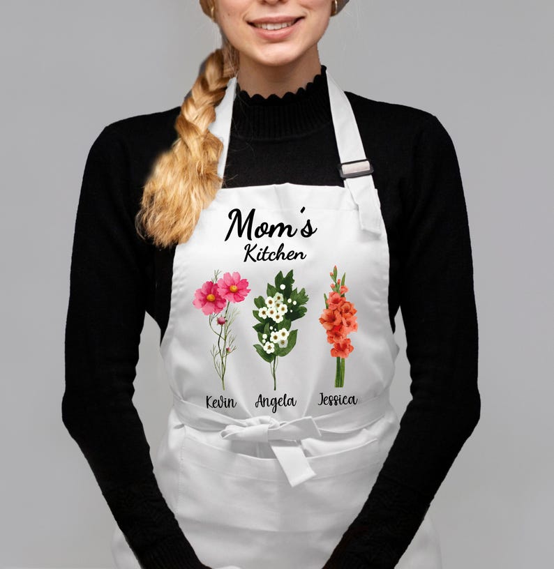 Customized Apron for Mom Grandma, Personalized Birthday Flower Apron ...