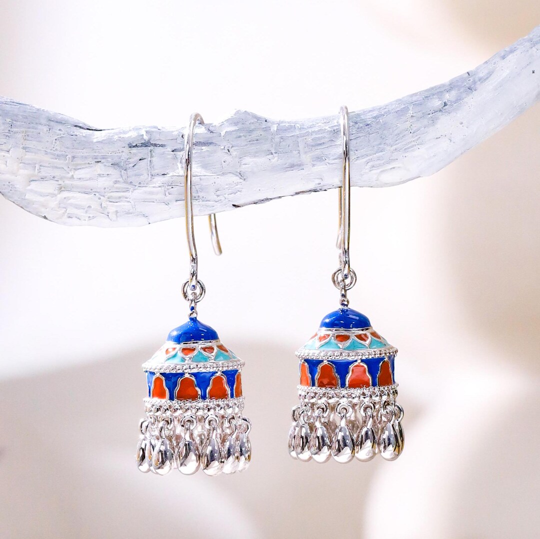 Blue Nubian Dome Jhumka Earrings, Handcrafted Rhodium-plated Brass ...