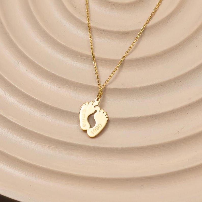 14K Gold Personalized Baby Feet Necklace, New Mom Necklace, Babyshower ...