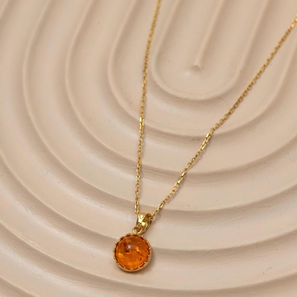14K Solid Gold Orange Amber Necklace, Natural Amber Pendant, Silver ...
