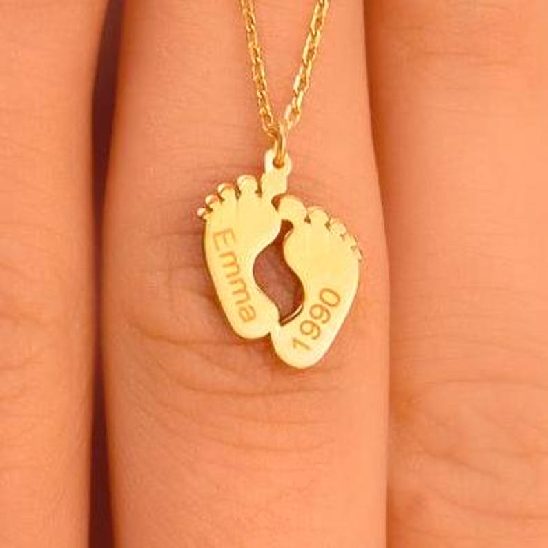 14K Gold Personalized Baby Feet Necklace, New Mom Necklace, Babyshower ...