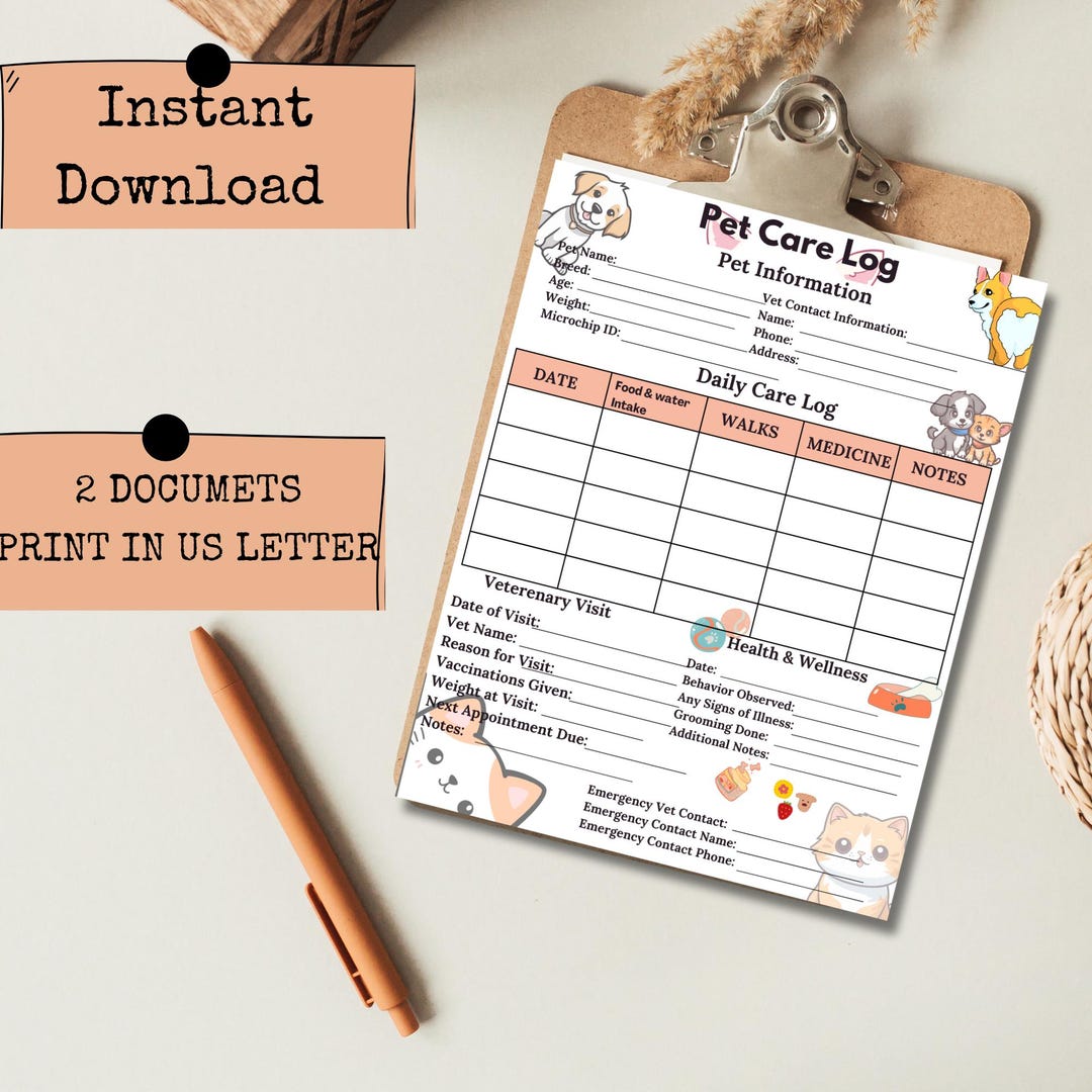 Printable Pet Care Planner | Pet Health Log | Daily Routine Tracker ...