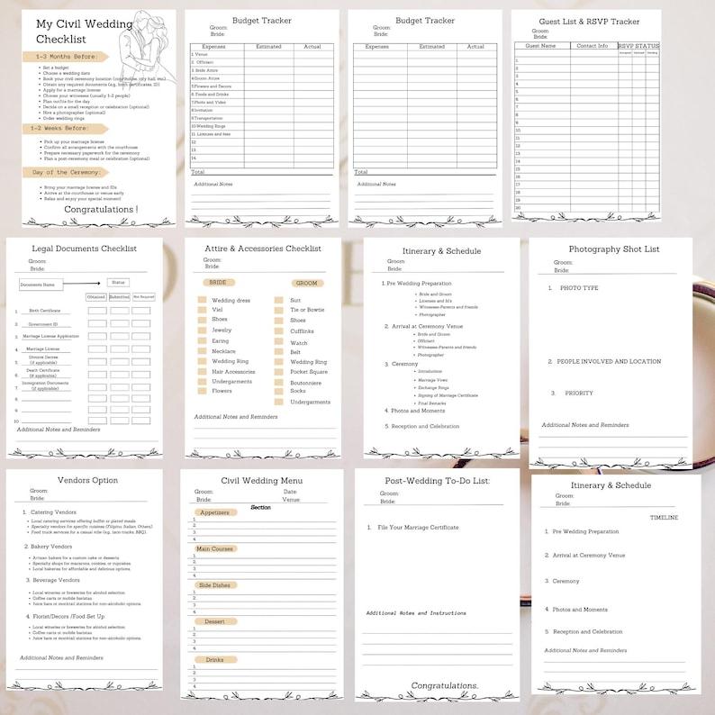 Civil Wedding Checklist: 14 Page Planner & Organizer (instant Download ...
