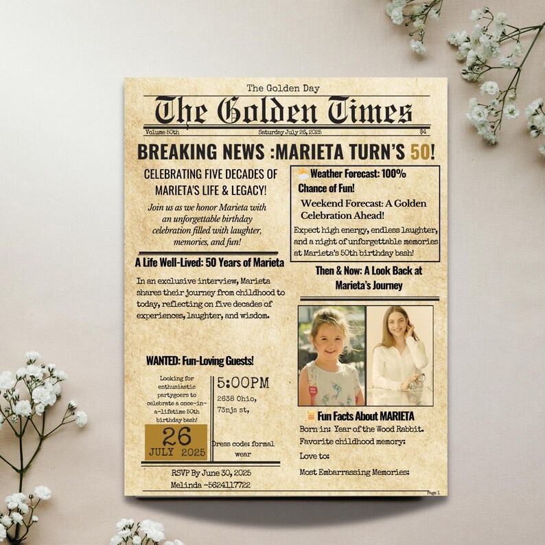 Vintage Newspaper Birthday Invitation | Personalized Old Newspaper ...
