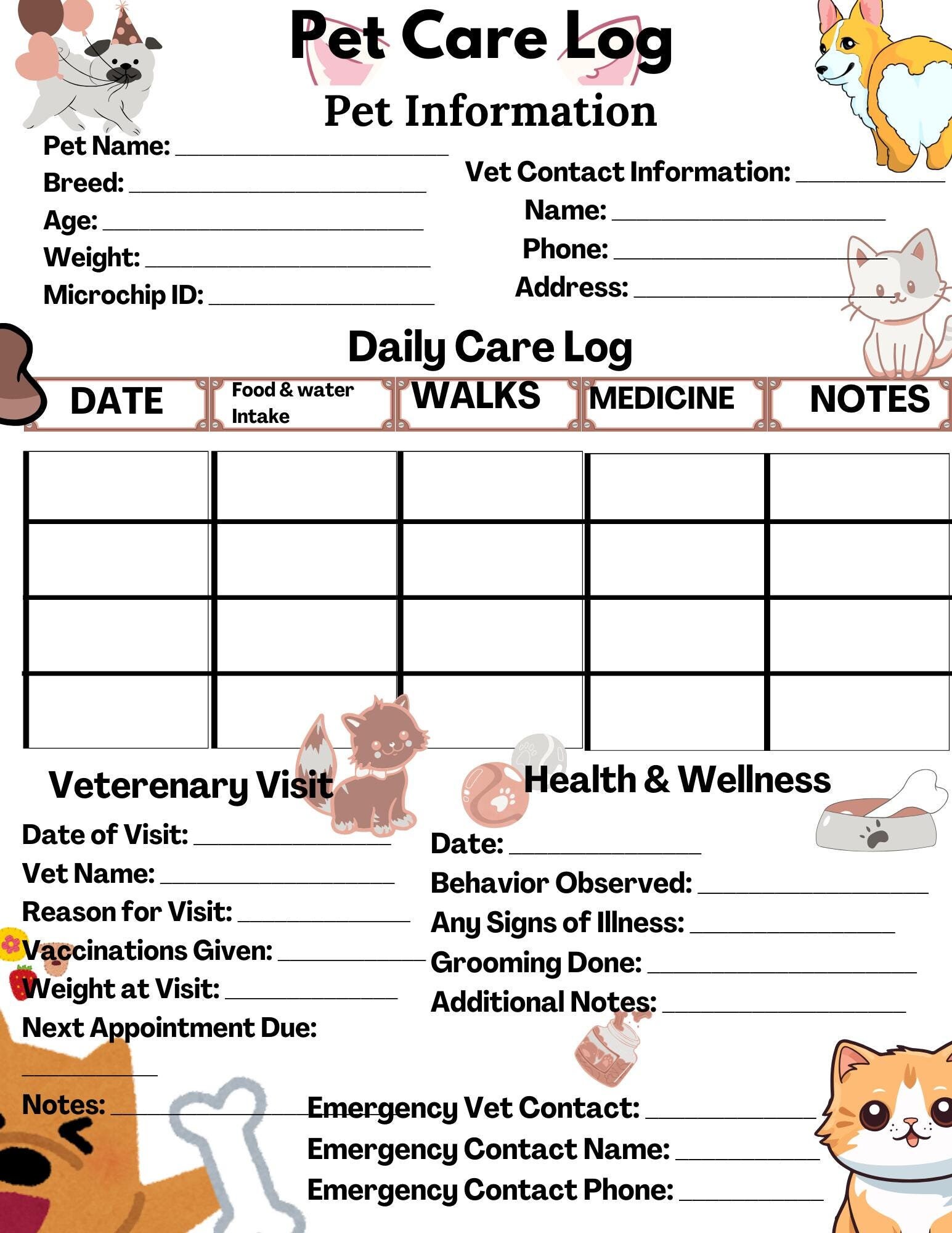 Printable Pet Care Planner | Pet Health Log | Daily Routine Tracker ...