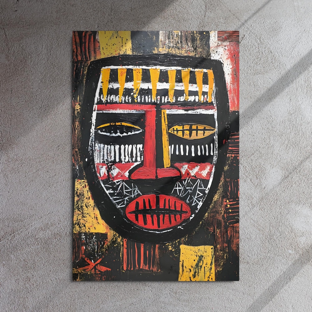 African Mask Metal Prints Bold Basquiat-inspired Wall Art in Red, Black ...