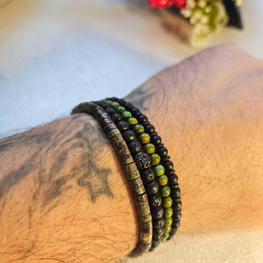 African Turquoise Natural Stone Bracelet, Set of 4 Natural Stone Men ...