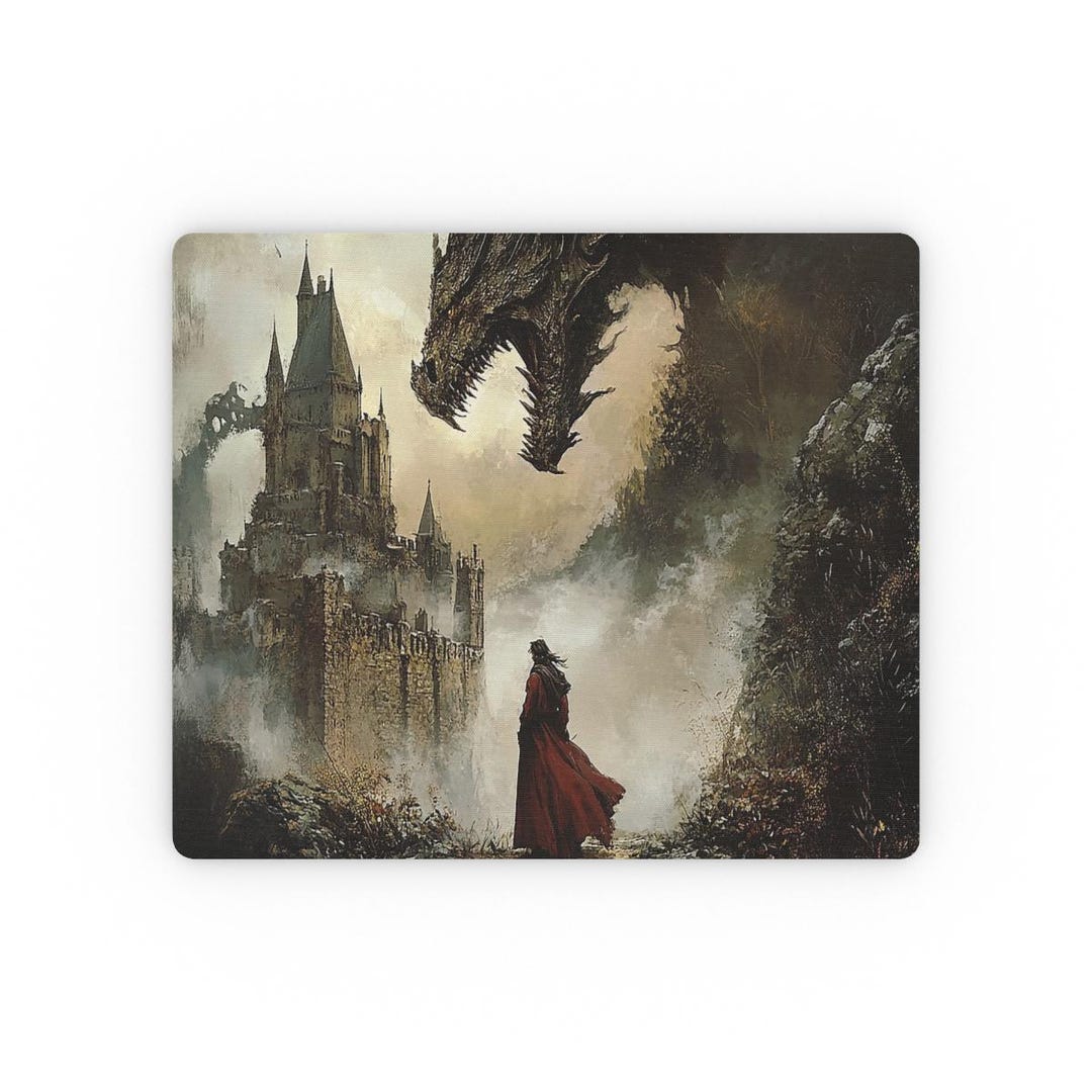 Epic Dragon Battle Desk Mat Fantasy Castle Scene, Dark Medieval Art ...