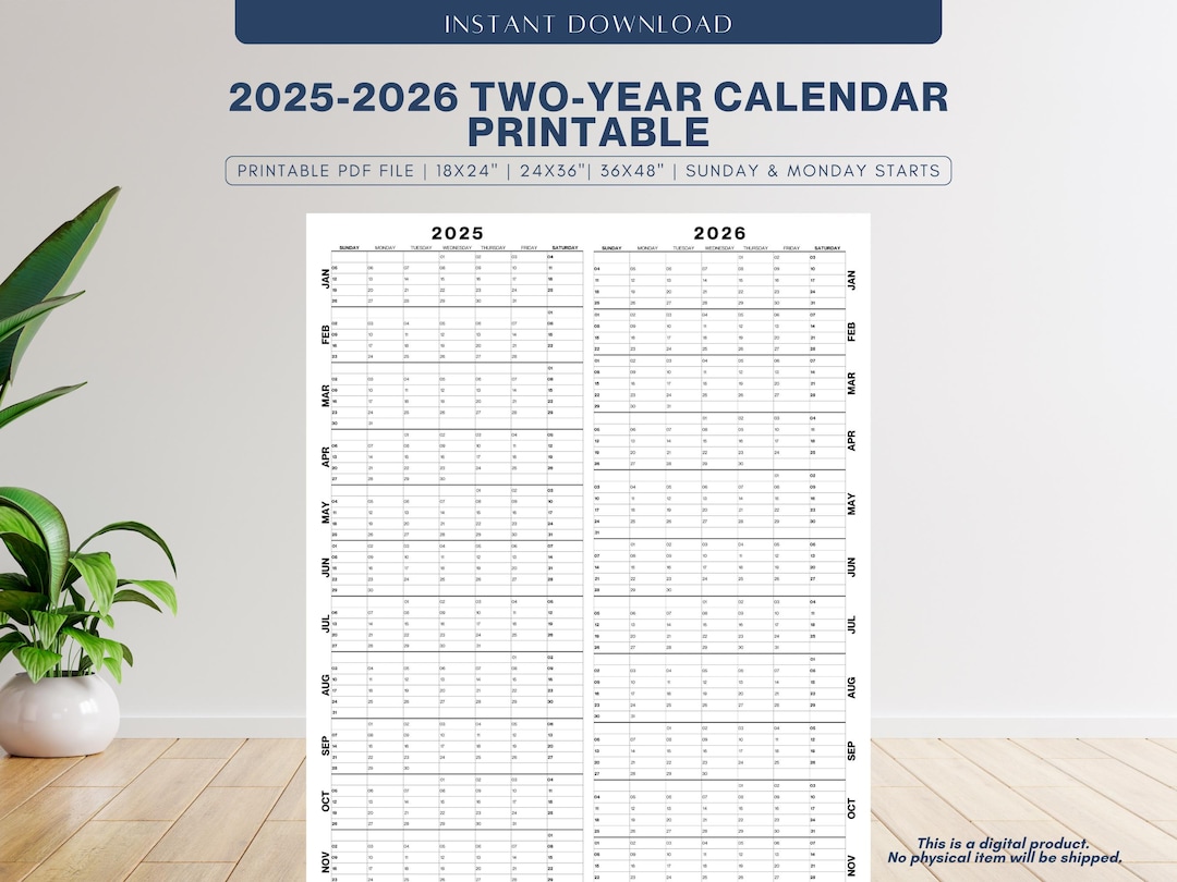 2025-2026 Two-year Calendar Printable | Two-year at a Glance Calendar ...