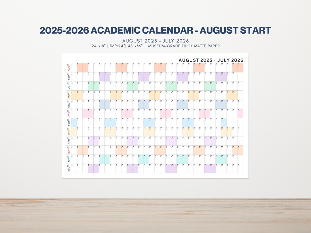 Printed Academic Wall Calendar 2025-2026 | August 2025 Start | 12-color ...