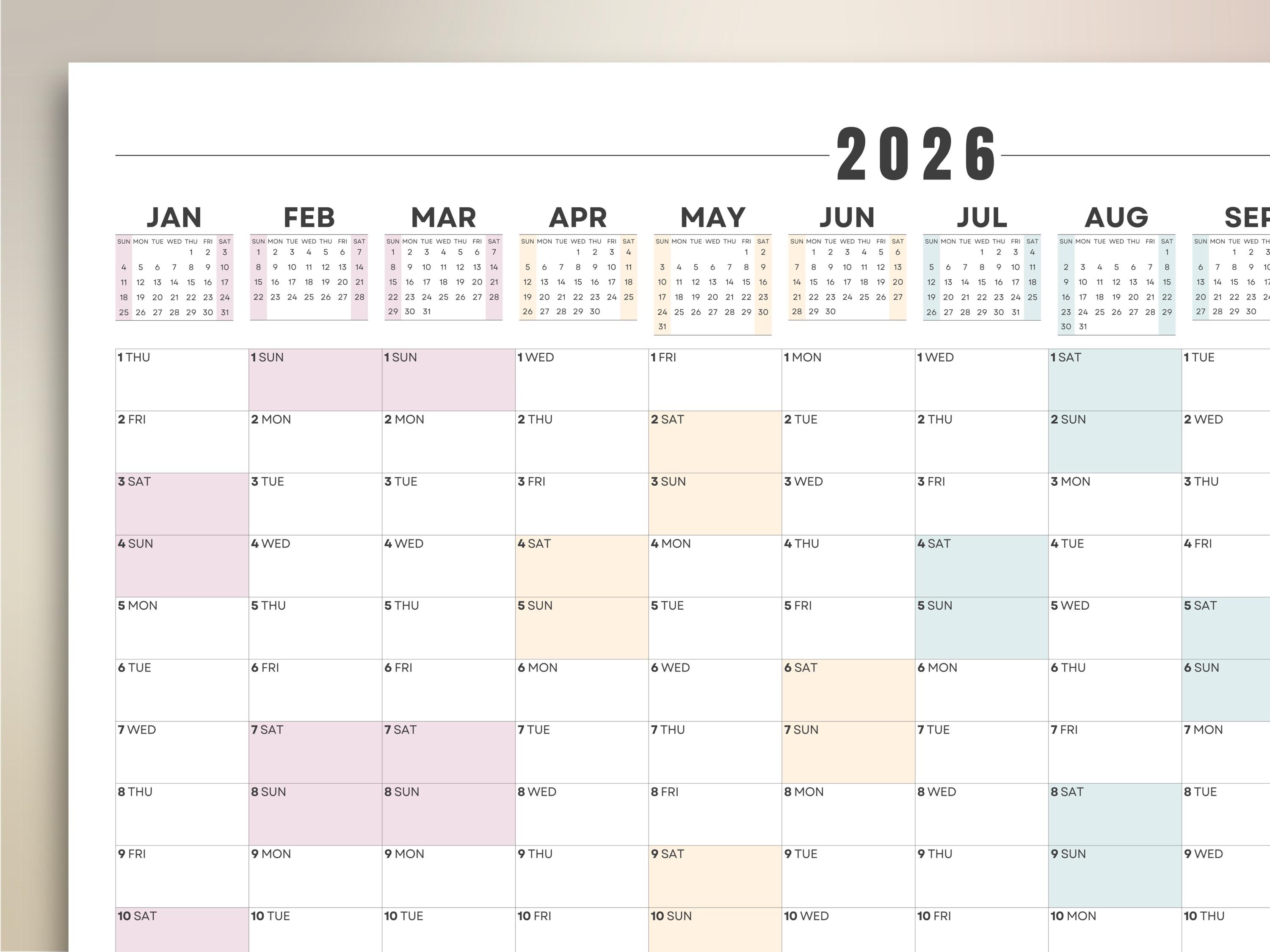 2026 Year-at-a Glance Wall Calendar • Large Size • Quarterly Pastel ...