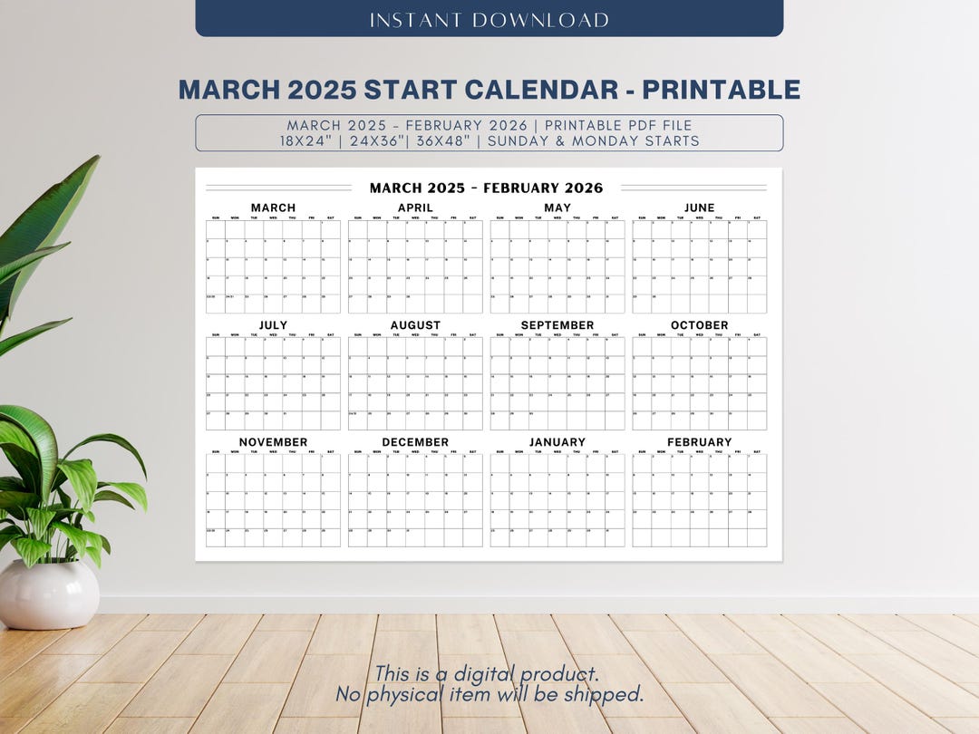 March 2025 Start Calendar Printable | March 2025 - February 2026 Wall ...