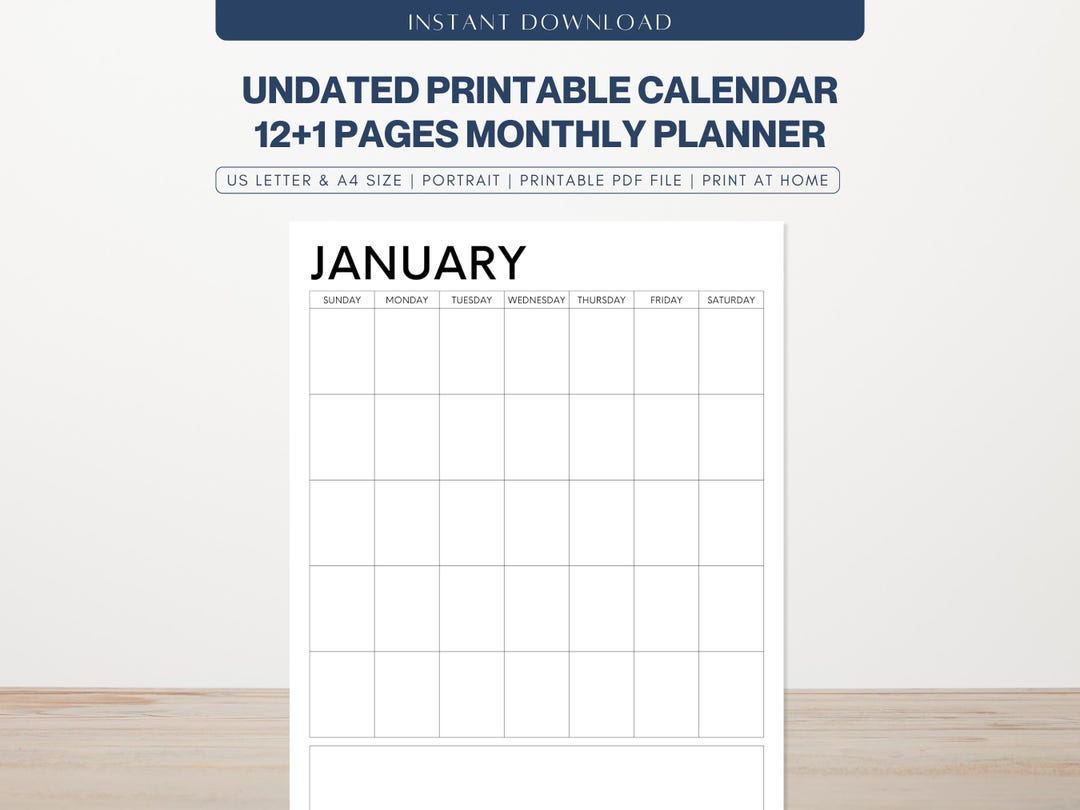 Undated Calendar Printable | Simple Perpetual Calendar | Blank Monthly ...