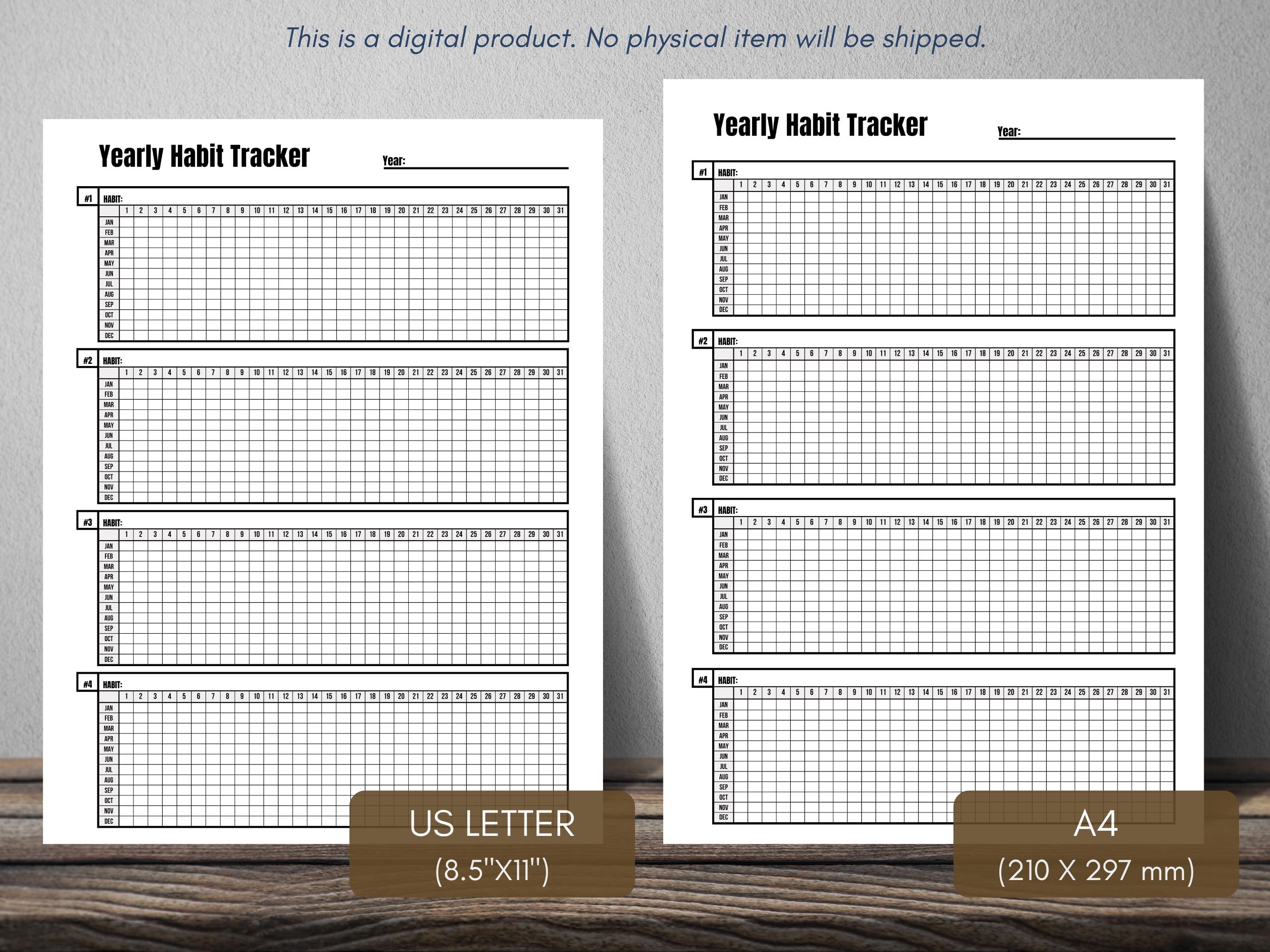 Yearly Habit Tracker Printable, Undated 365 Days Habit Log, A4, US ...