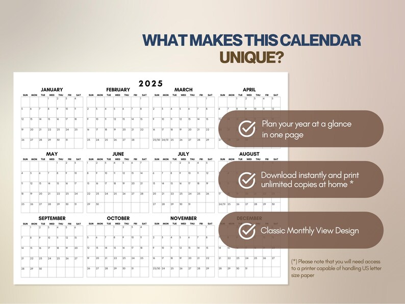 Printable 2025 Calendar 2025 Desk Calendar US Letter Size Year at a ...