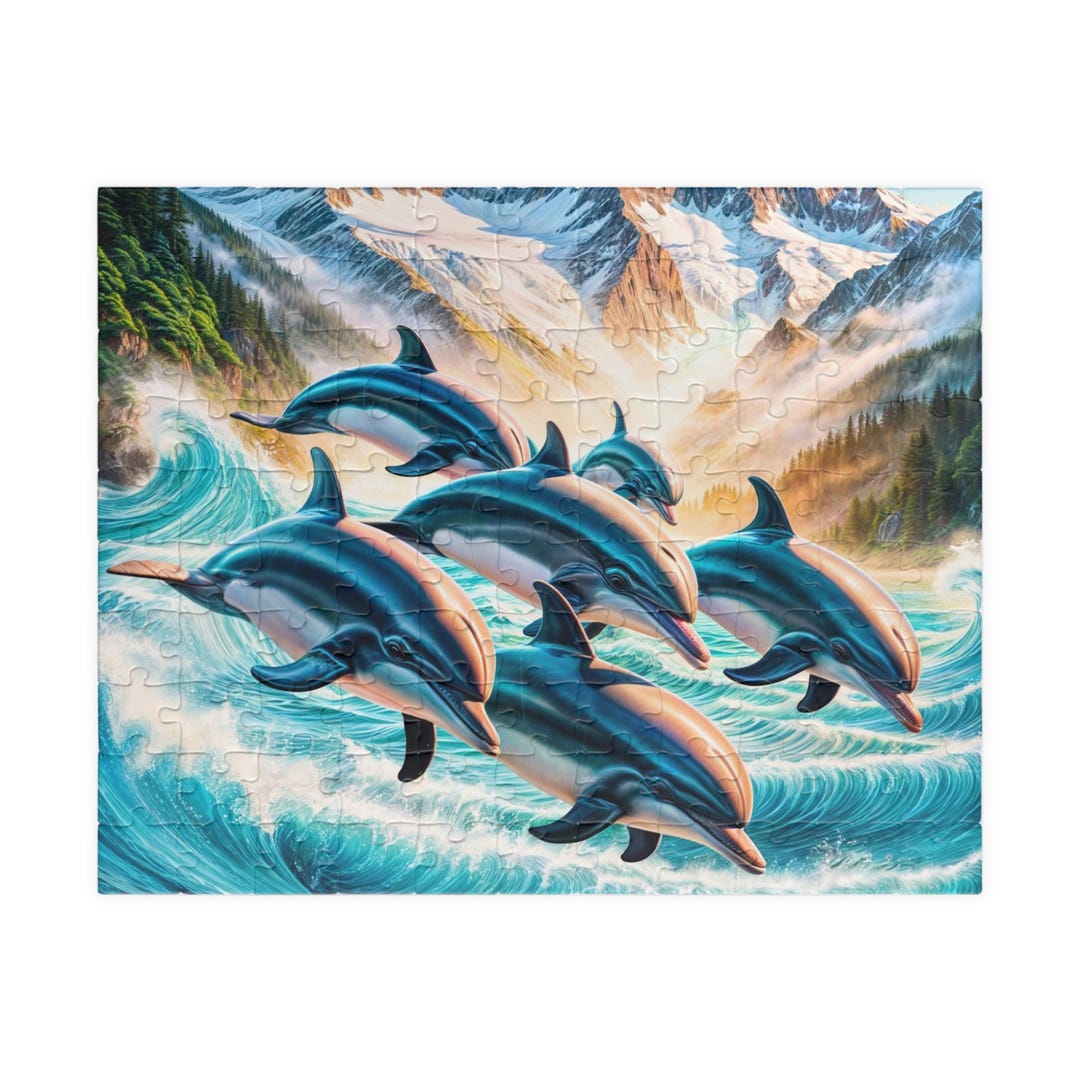 Dolphins at Sea Puzzle - Beautiful Ocean Scene With Mountain Backdrop ...
