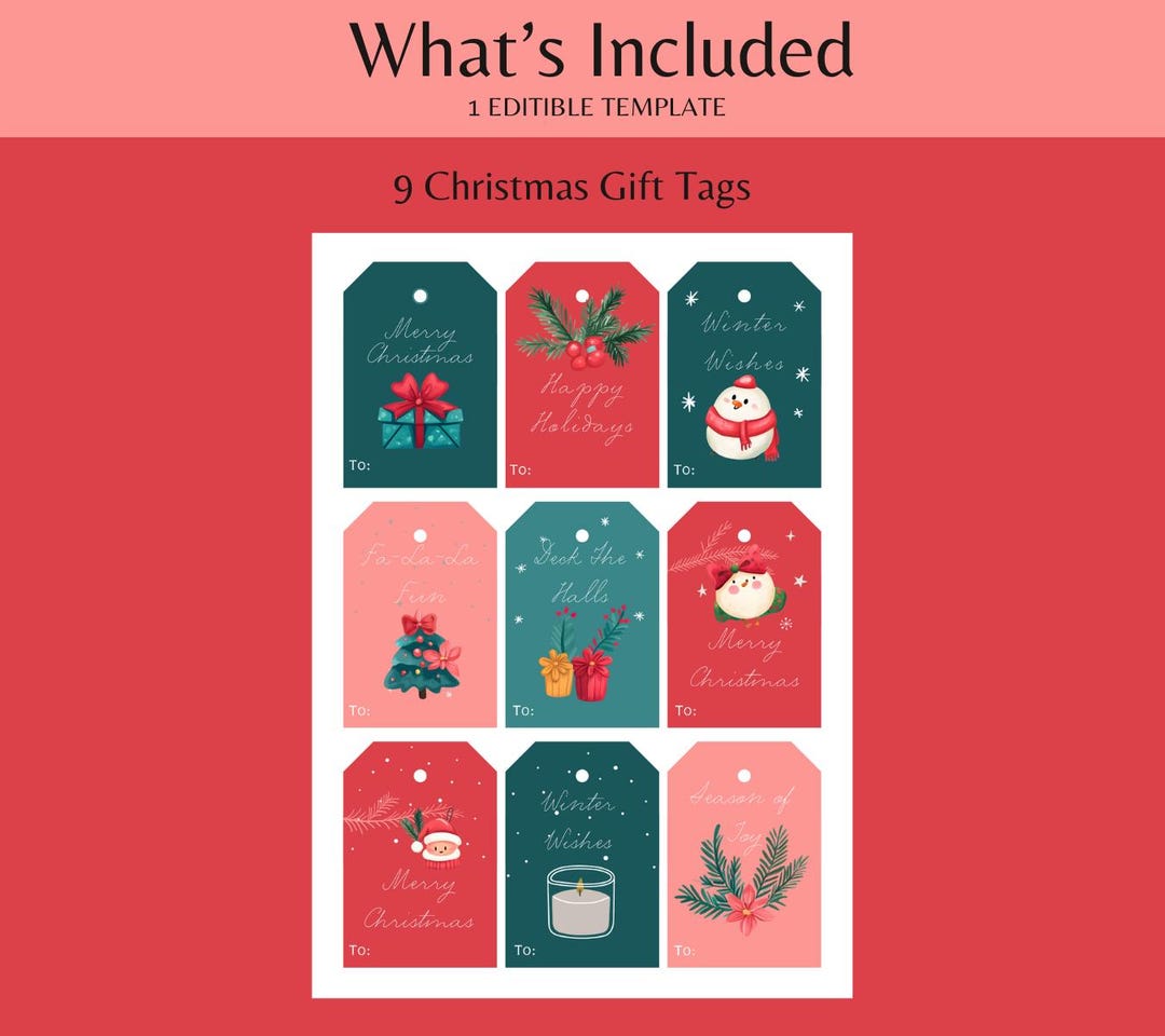 Printable Christmas Gift Tags, Cute Holiday Tags Set, Merry Christmas ...