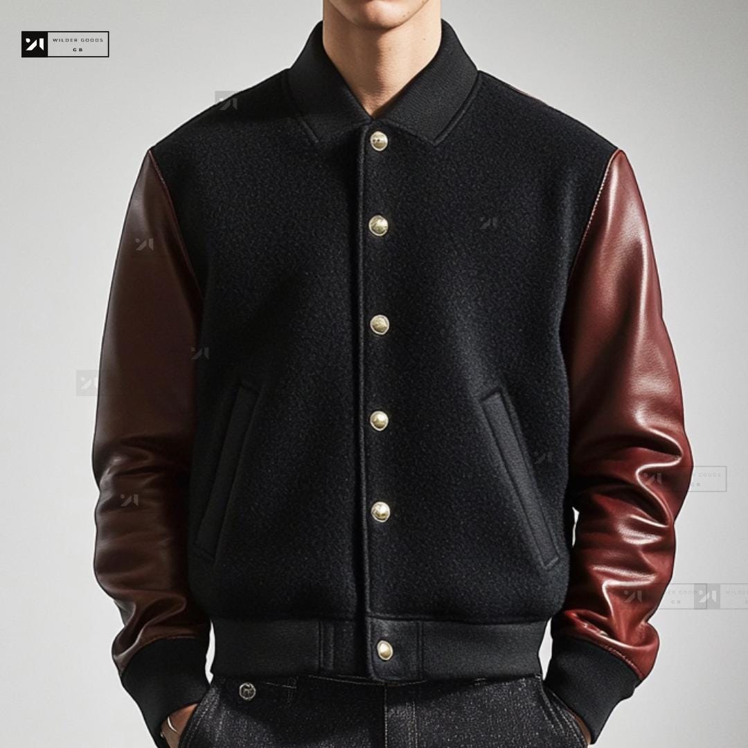 Men’s Varsity Jacket With Leather Sleeves-black Wool Bomber Jacket ...