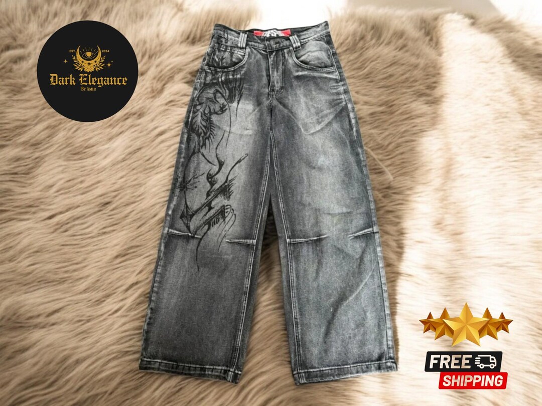 Unisex Retro Baggy Jeans | Hip-hop Embroidered Gothic Design ...