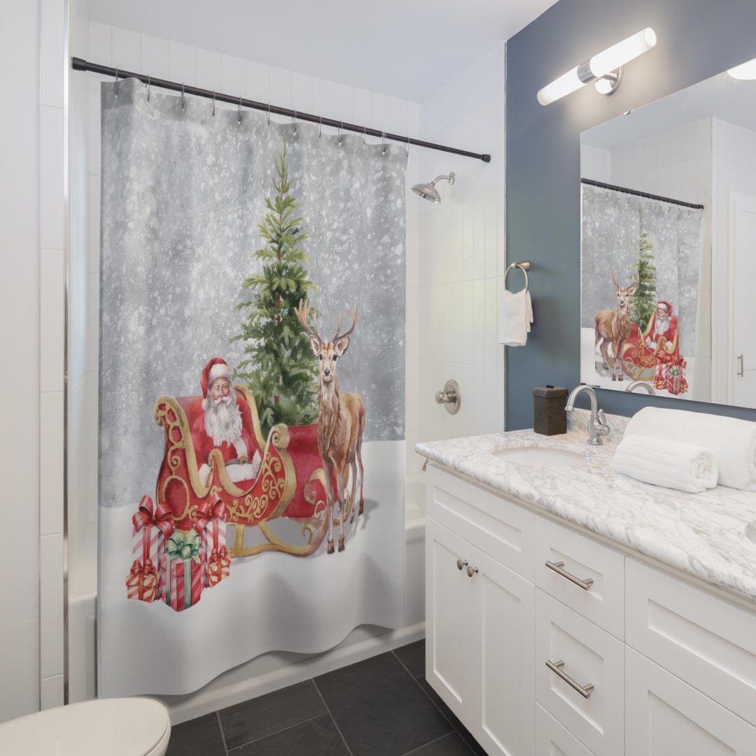 Vintage Santa Shower Curtain | Reindeer, Gifts, Holiday Bathroom - Etsy