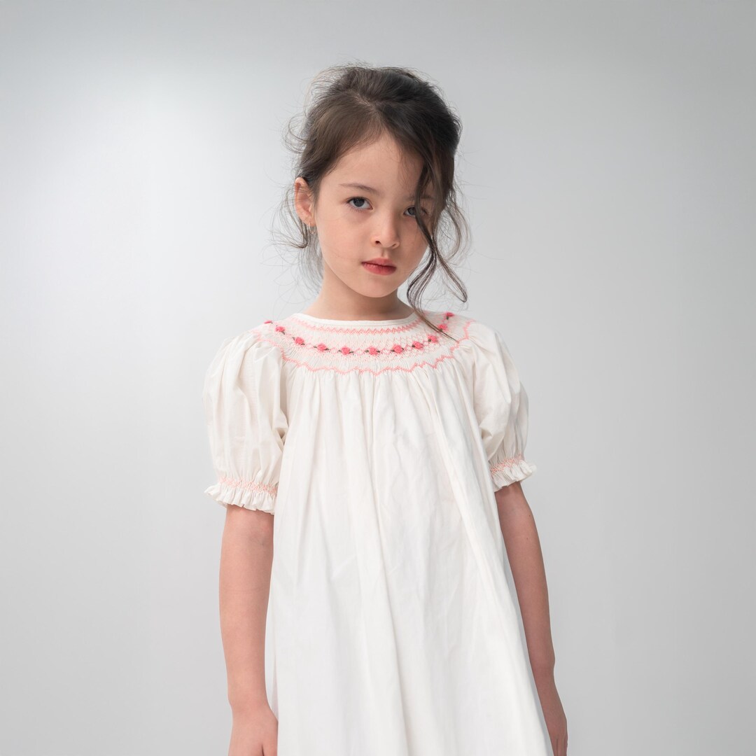Girls' White Smocked Cotton Dress With Embroidered Neckline, Puff ...