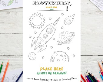 Happy Birthday Coloring Page, Space Theme, Customizable Card for Boy ...
