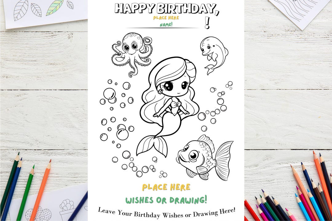 Happy Birthday Coloring Page – Mermaid and Underwater World Theme – Fun ...