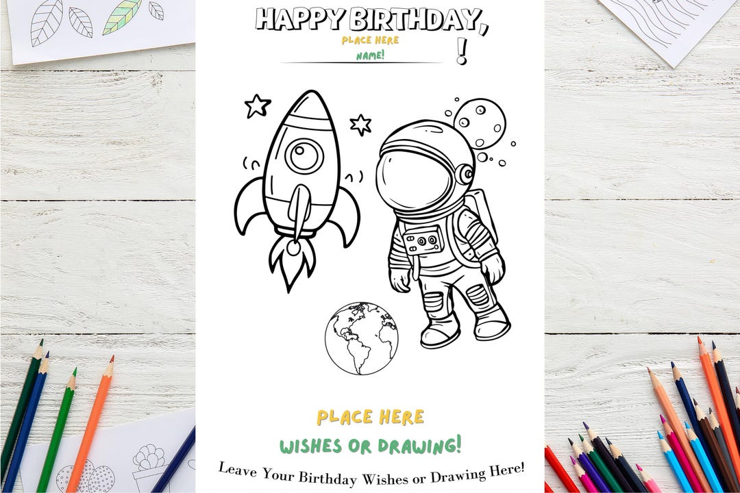 Happy Birthday Coloring Page, Space Theme, Customizable Card for Boy ...