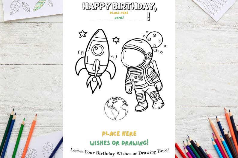 Happy Birthday Coloring Page, Space Theme, Customizable Card for Boy ...