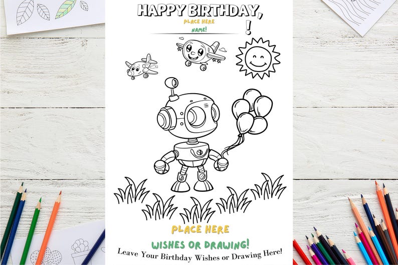 Happy Birthday Coloring Page, Robot Theme, Customizable Card for Boy ...