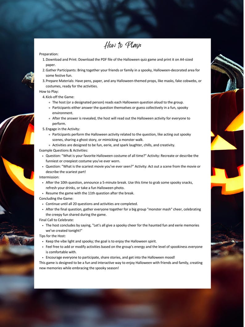 Spooky Halloween Quiz Game 20 Fun Party Questions Ready-to-print ...