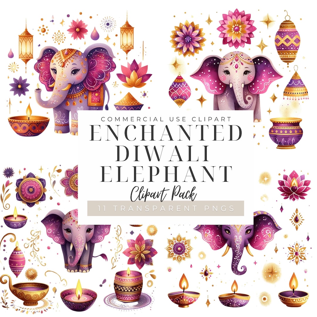 Whimsical Diwali Clipart Bundle PNG| Watercolor Elephant, Diya, Lotus ...